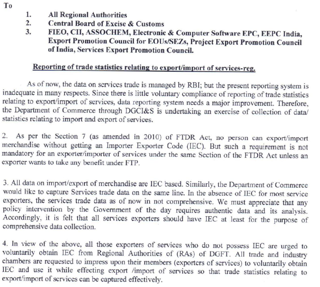 Reporting of trade statistics relating to export/import of services